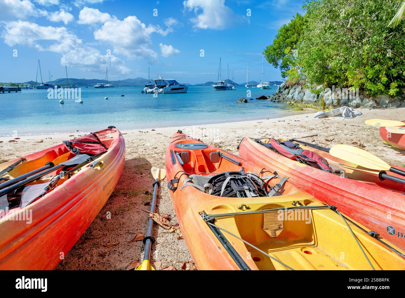CRUZ BAY, US Virgin Islands — Kayaks sit on the beach at Cruz Bay ...