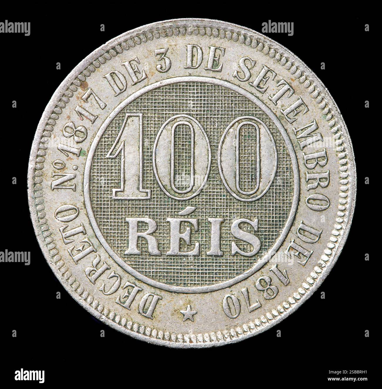 This detailed silver coin features the 100 Reis denomination, minted in ...