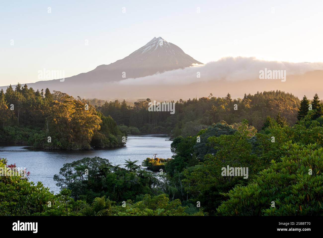 Lake Mangamahoe and Mount Taranaki in the background, New Zealand Stock ...