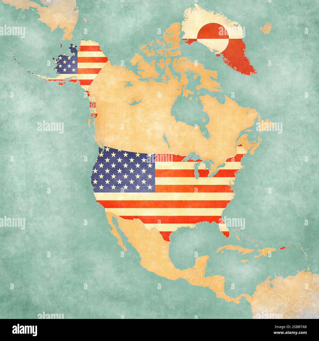 USA and Greenland on the map of North America in soft grunge and ...