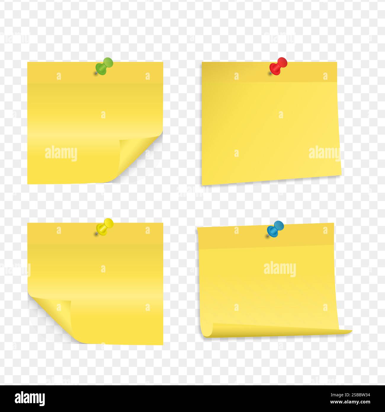 Collection of various white note papers with curled corner, pinned push ...