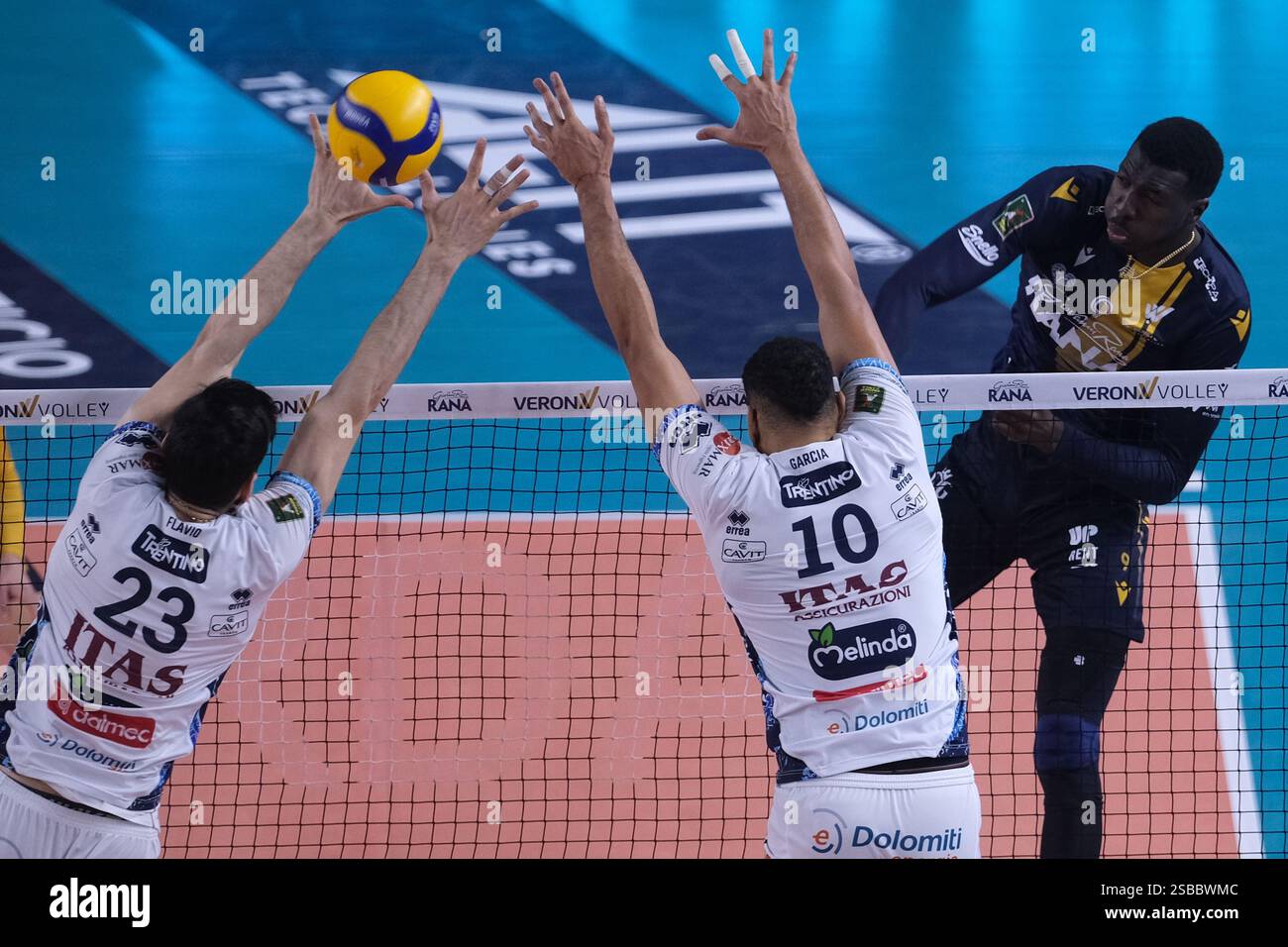 Verona, Italy. 02nd Feb, 2025. Spike of Noumory Keita of Rana Verona during the match between ...