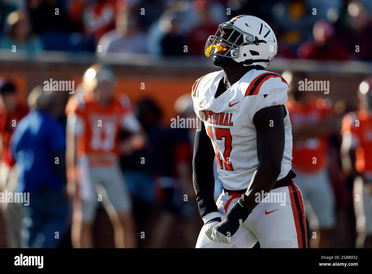 National team defensive lineman Jah Joyner (17), of Minnesota, reacts ...