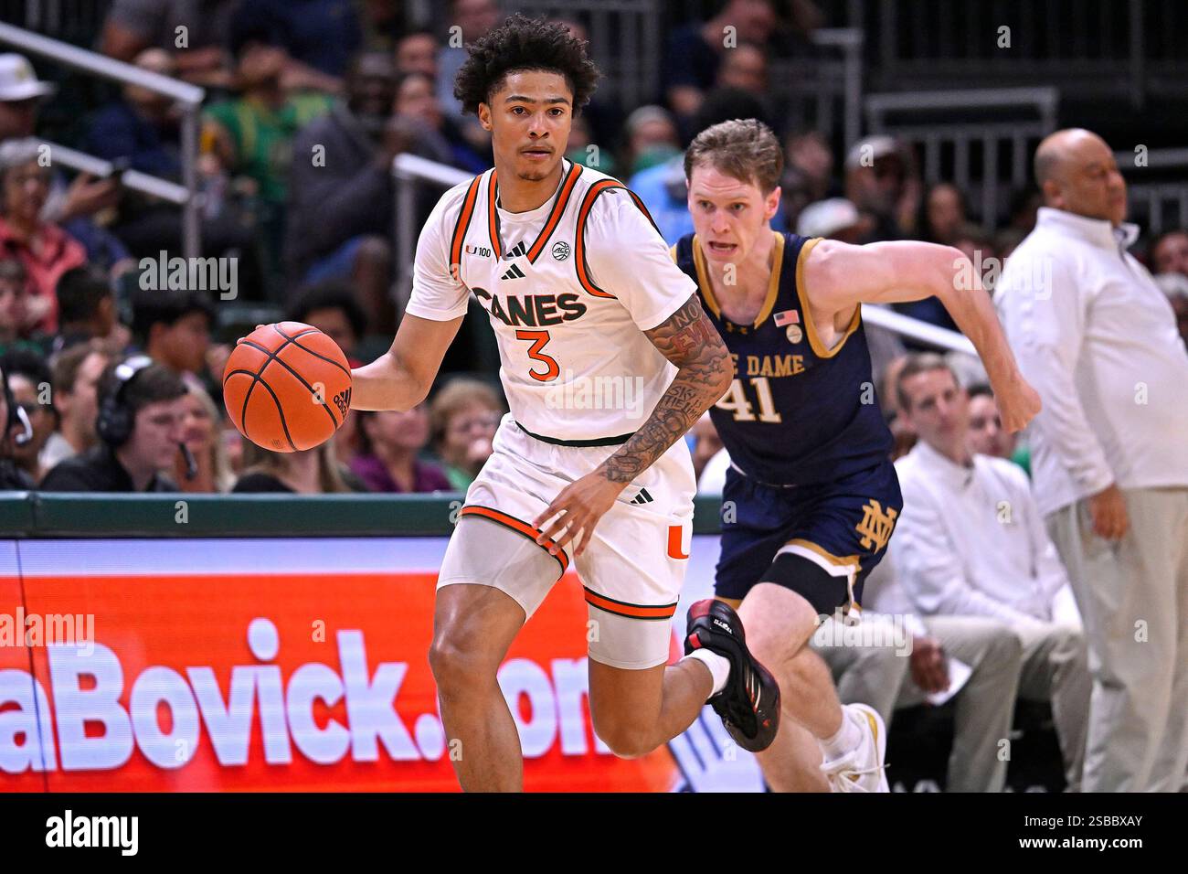 CORAL GABLES, FL - FEBRUARY 01: Miami guard Jalil Bethea (3), followed ...