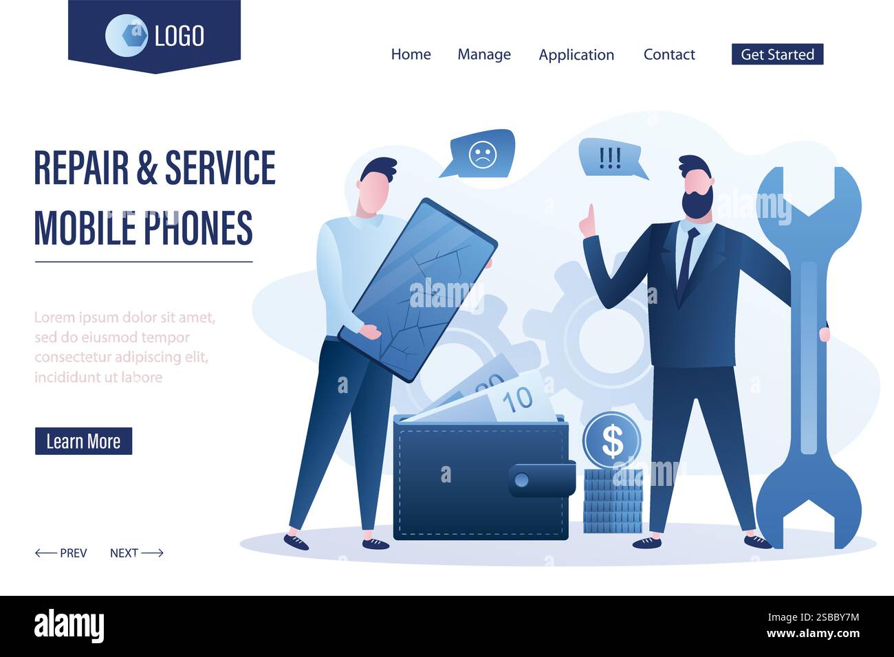 Repair and service mobile phones landing page template. User holding ...