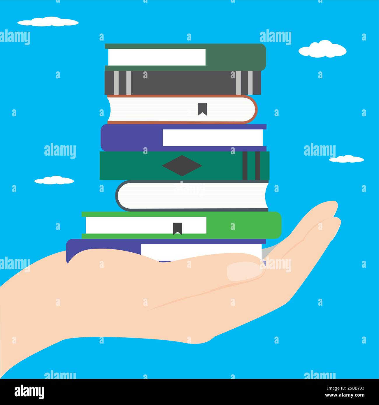 Cartoon hand holding pile of various books. Get books for read. Science ...