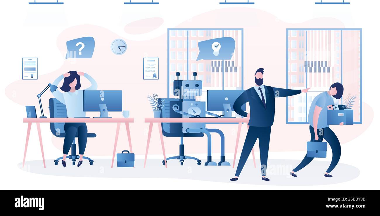 New robot on workplace. Unhappy and sad employees without job ...