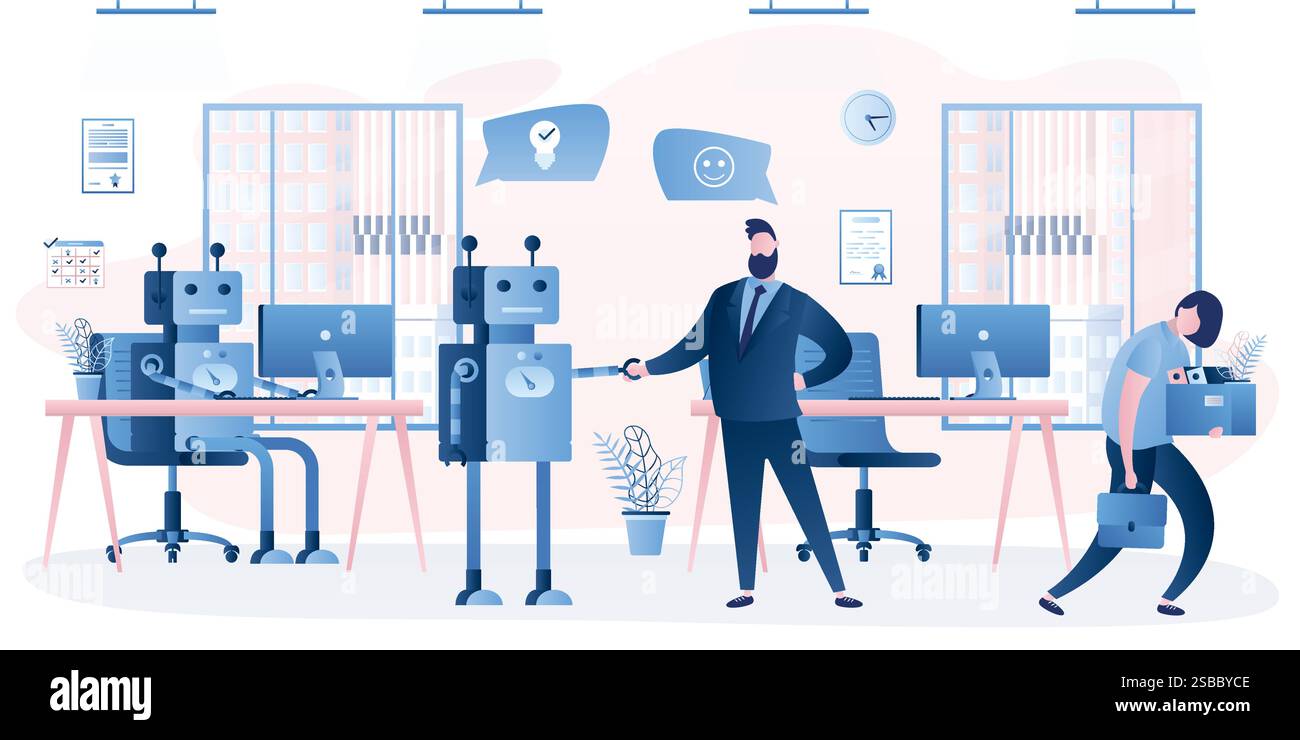 New robots on workplace. Unhappy and sad employee without job ...