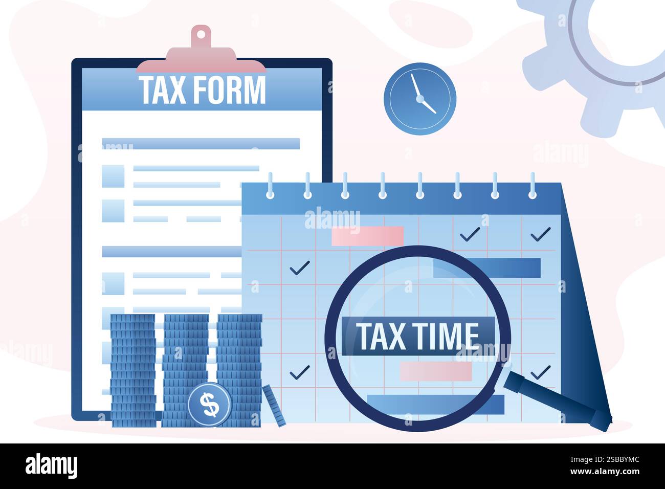 Paper tax form document, calendar with magnifying glass. Tax time, pile ...