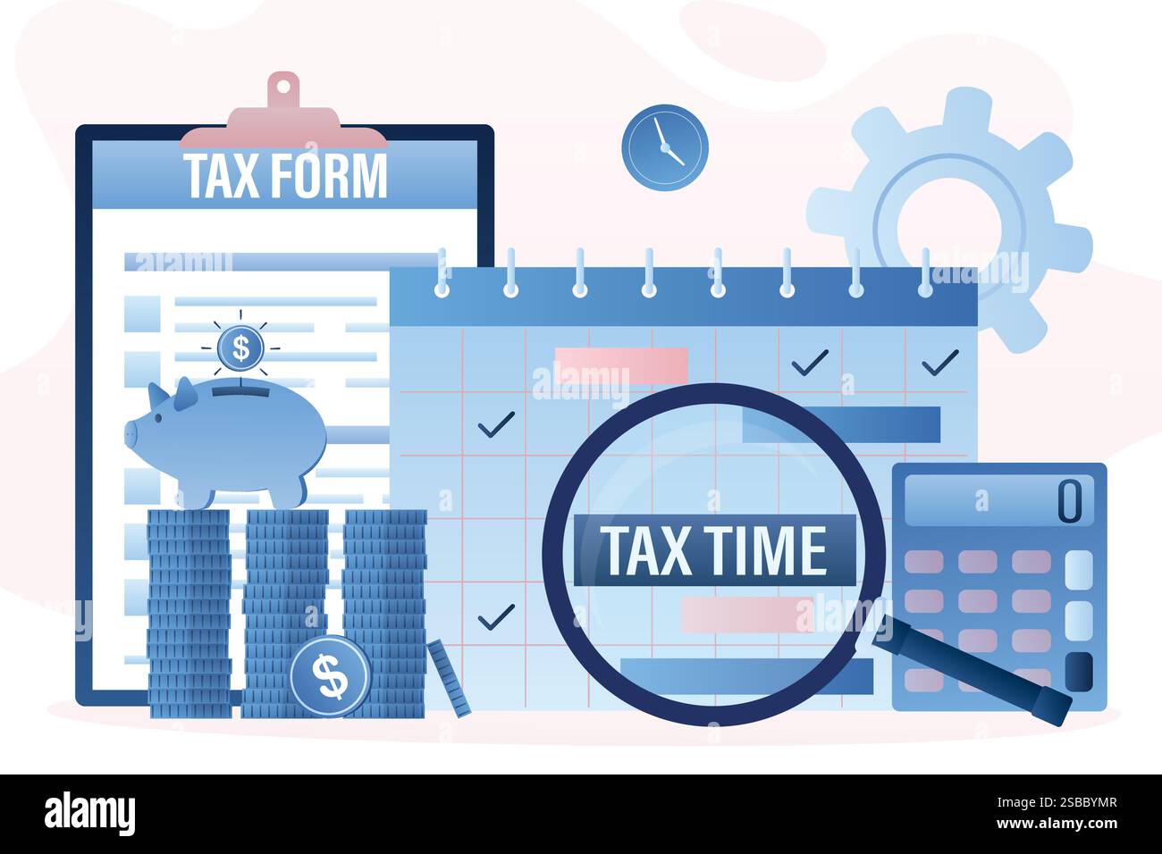 Paper tax form document, calendar with magnifying glass. Tax time, pile ...
