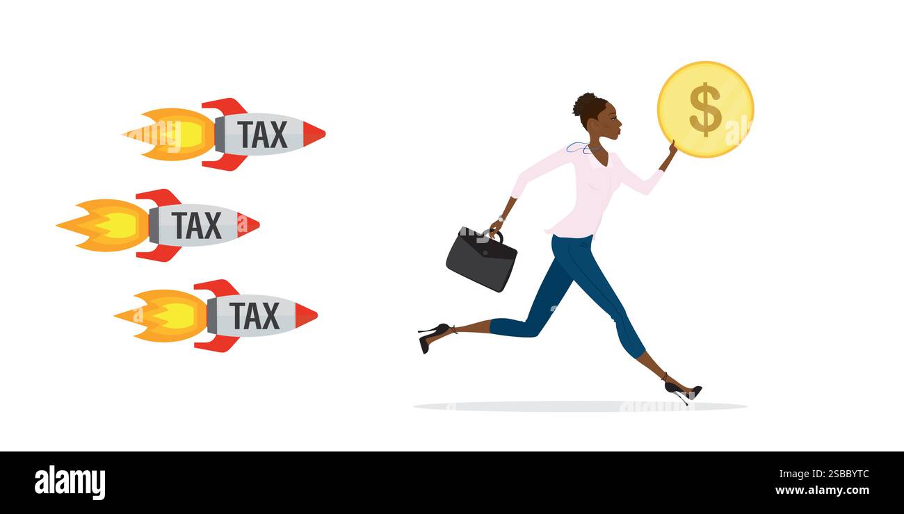 Beauty boss businesswoman running away from rocket tax. Cartoon African ...