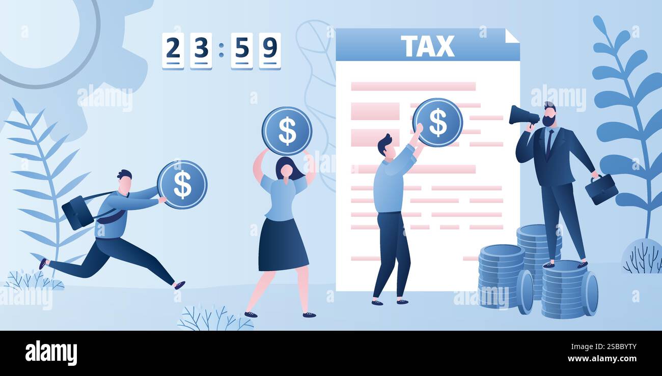 Tax form document, businesspeople pay taxes. Taxman with loudspeaker ...