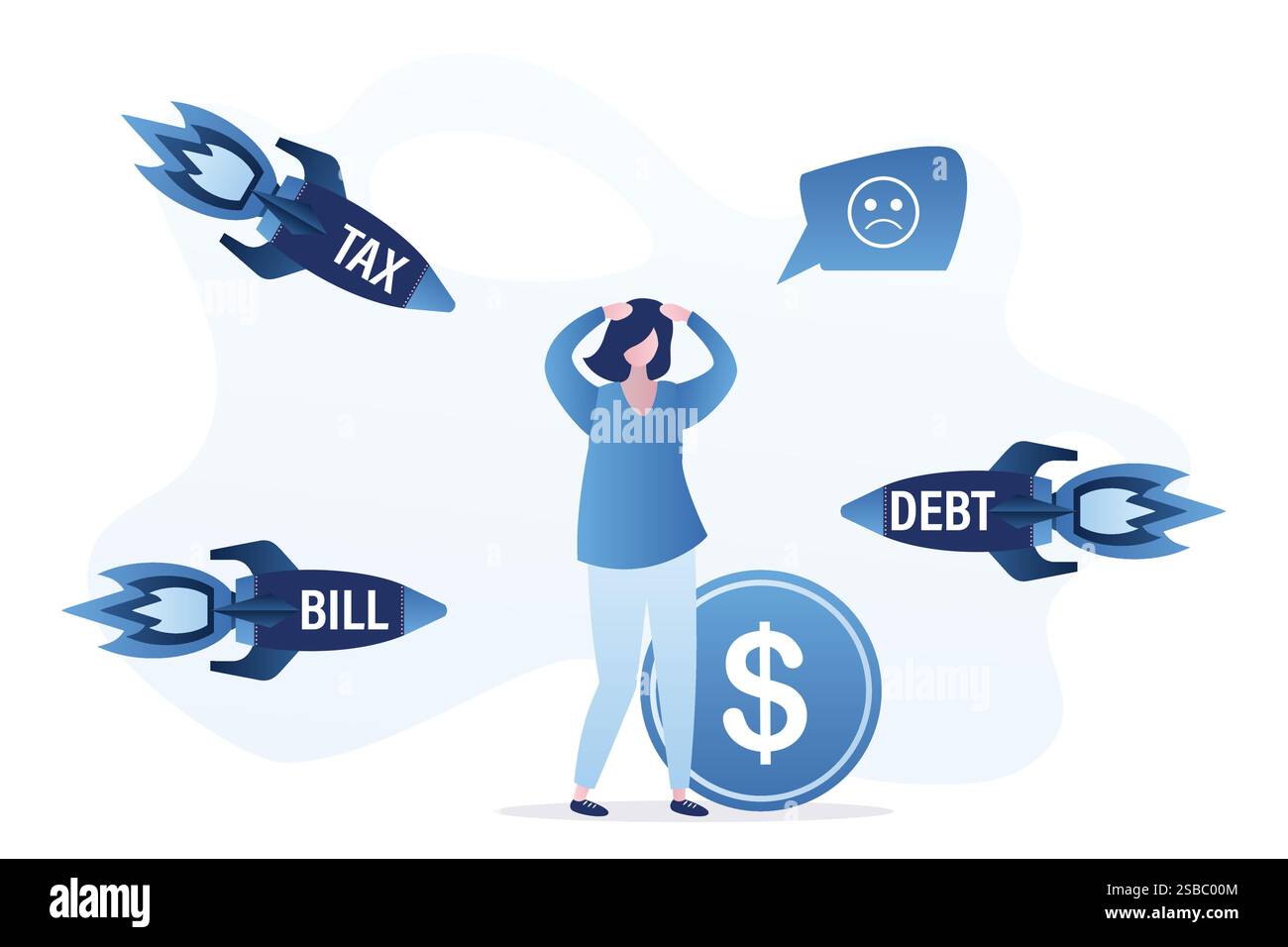 Unhappy businesswoman with big dollar coin, rockets with bill,debt and ...