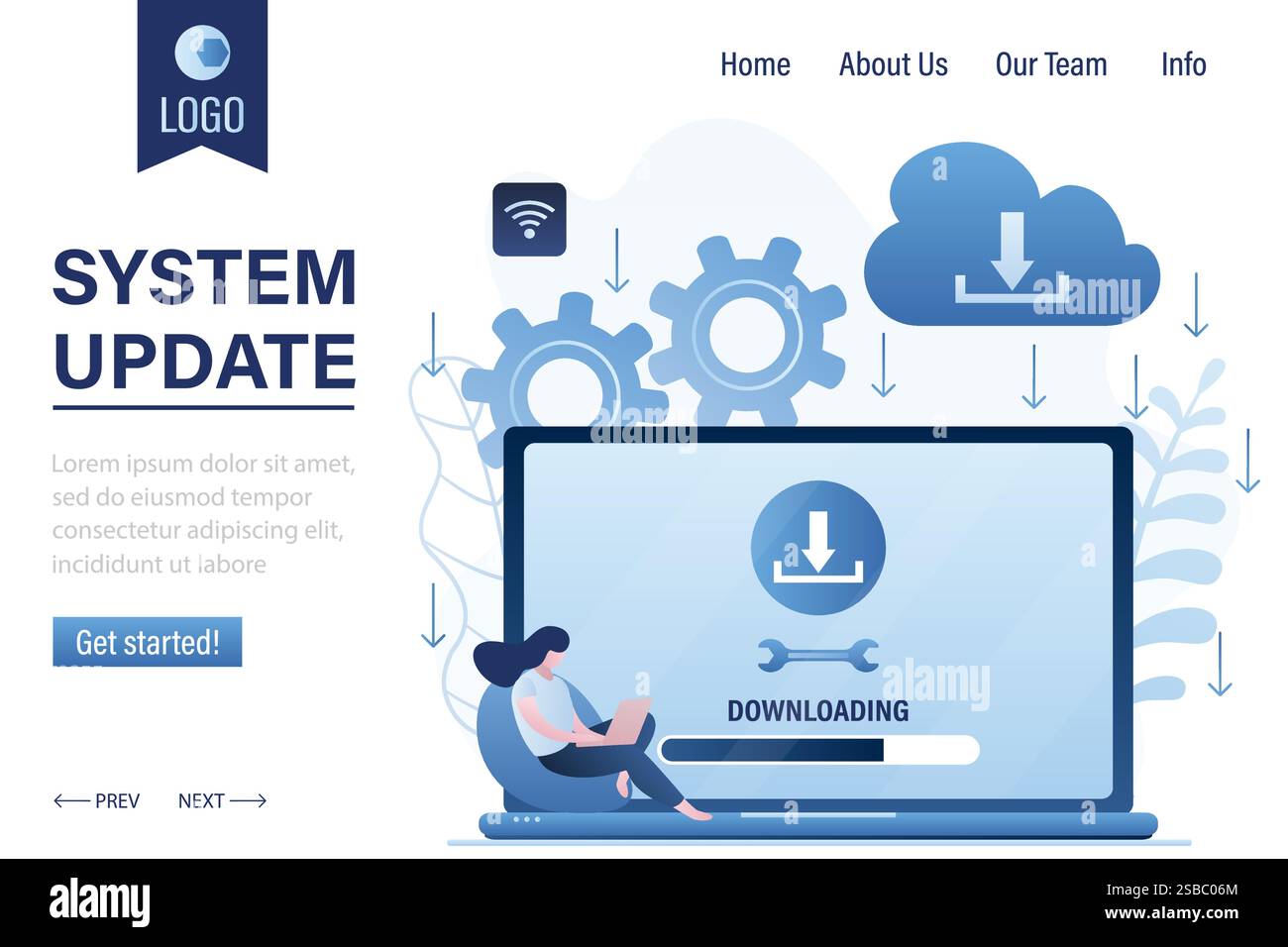 System update landing page template concept. Downloading files on laptop. Software page on ...