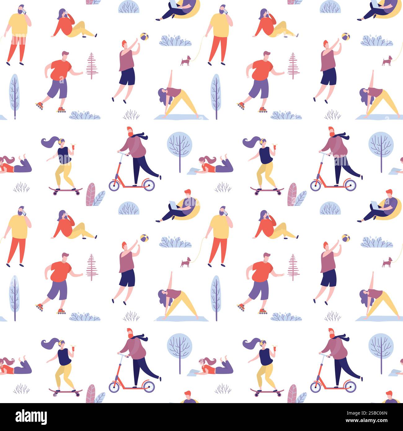 Seamless pattern with different active people spending time in the park ...