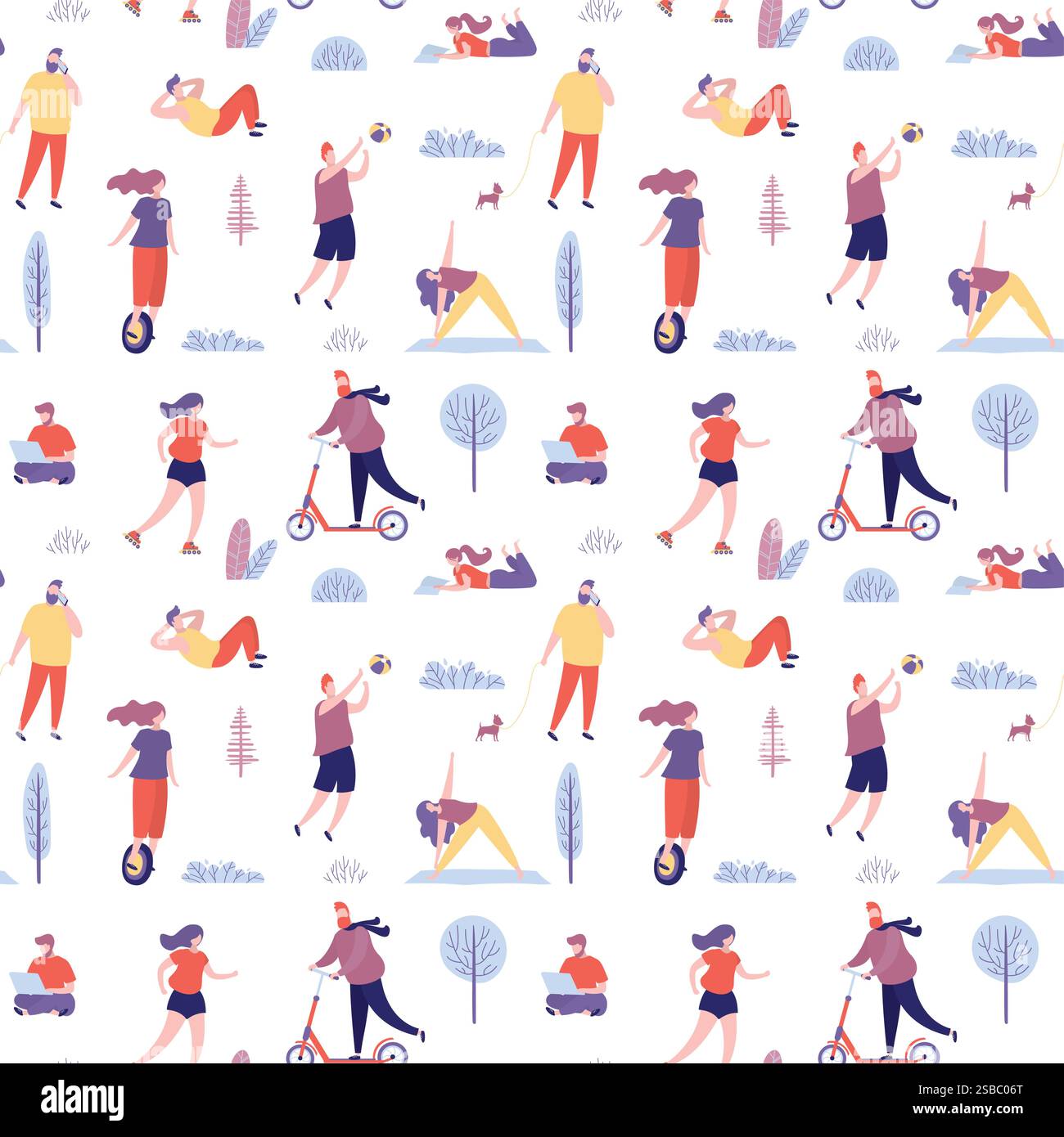 Seamless pattern with different active people spending time in the park ...