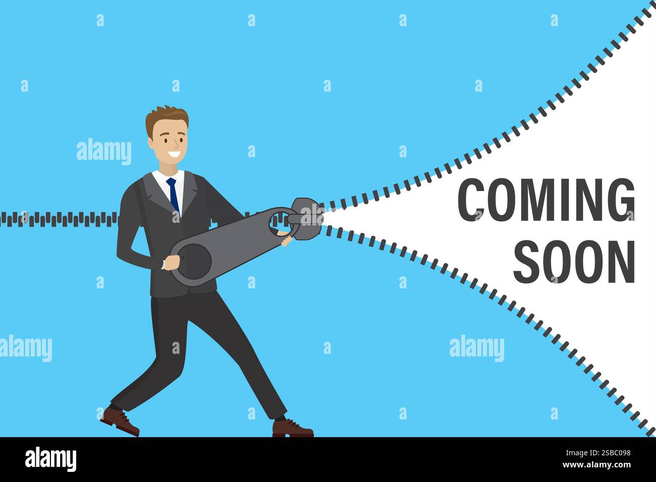 Happy businessman opens zipper, soon opening a new business. Handsome ...