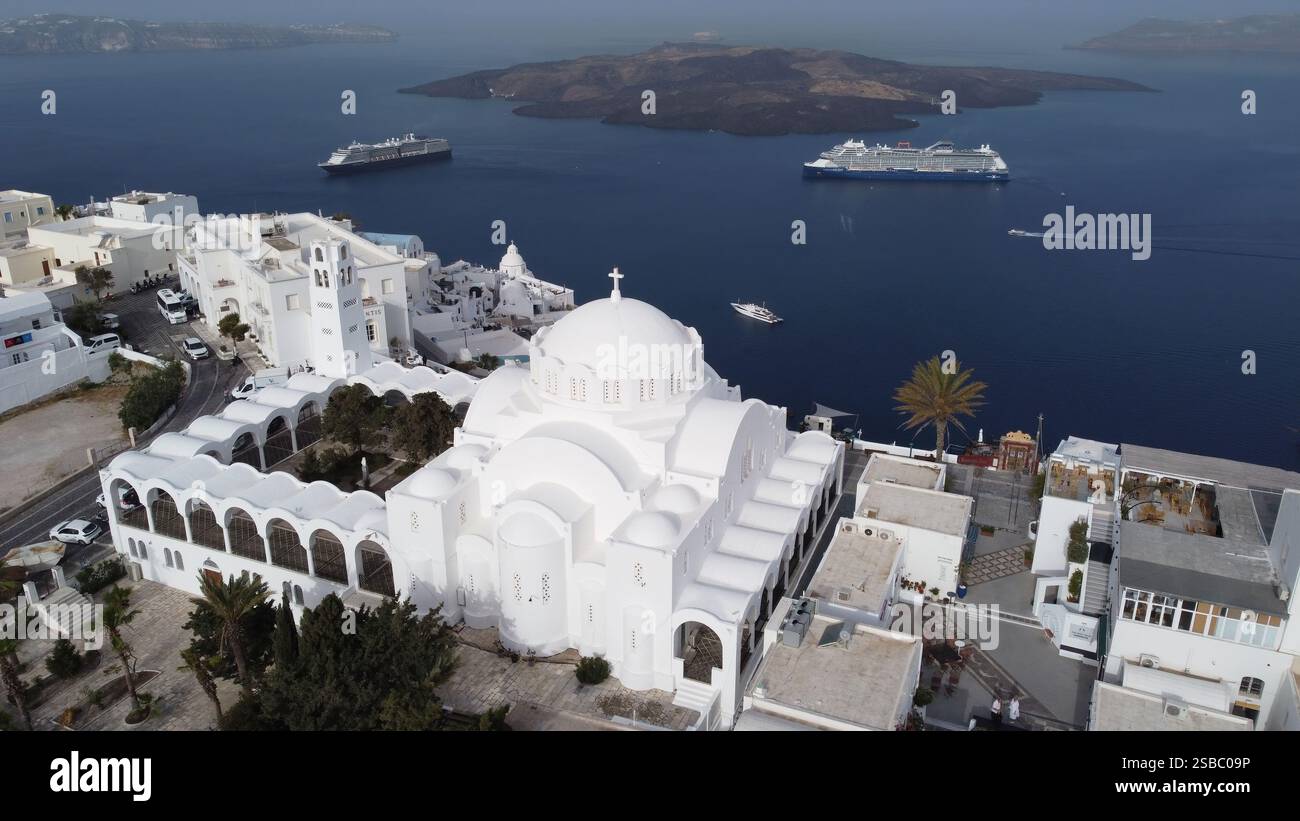 Santorini island,aerial view of Ipapantis church at Fira capital,Aegean ...