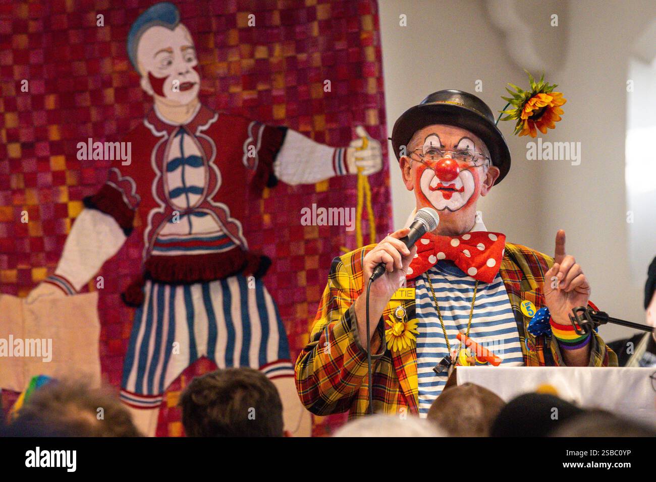 London, UK. 02nd Feb, 2025. Mattie the clown reads about the life of ...