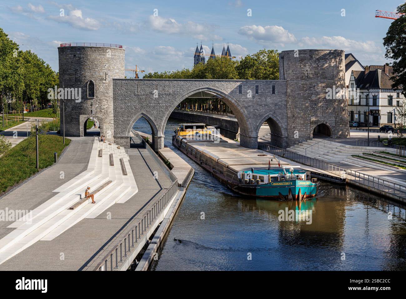 Barge on the river Scheldt at the Pont des Trous water gate, Tournai ...