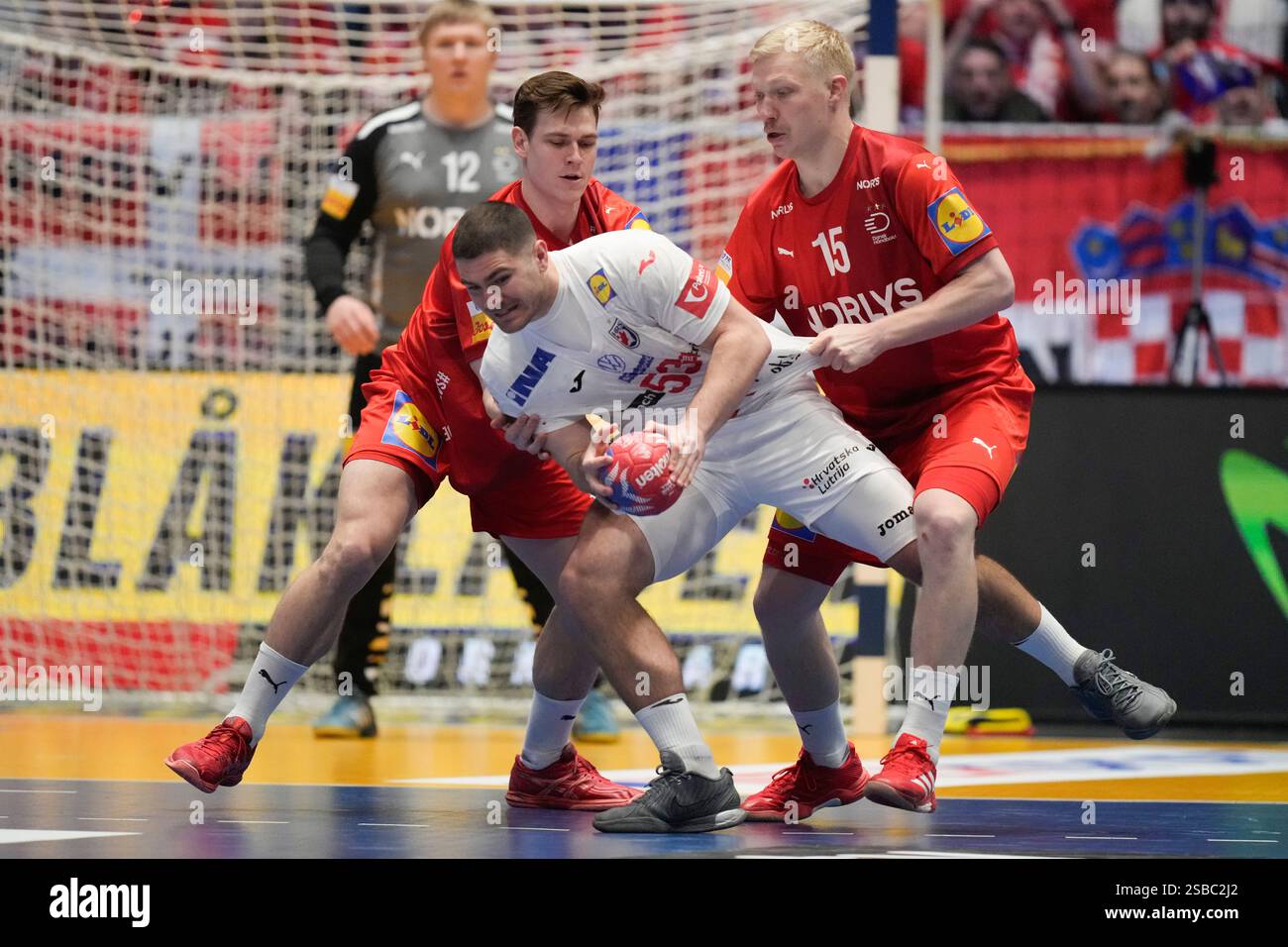 Denmark's Magnus Saugstrup Jensen pulls Croatia's Marin Sipic during the final match between ...