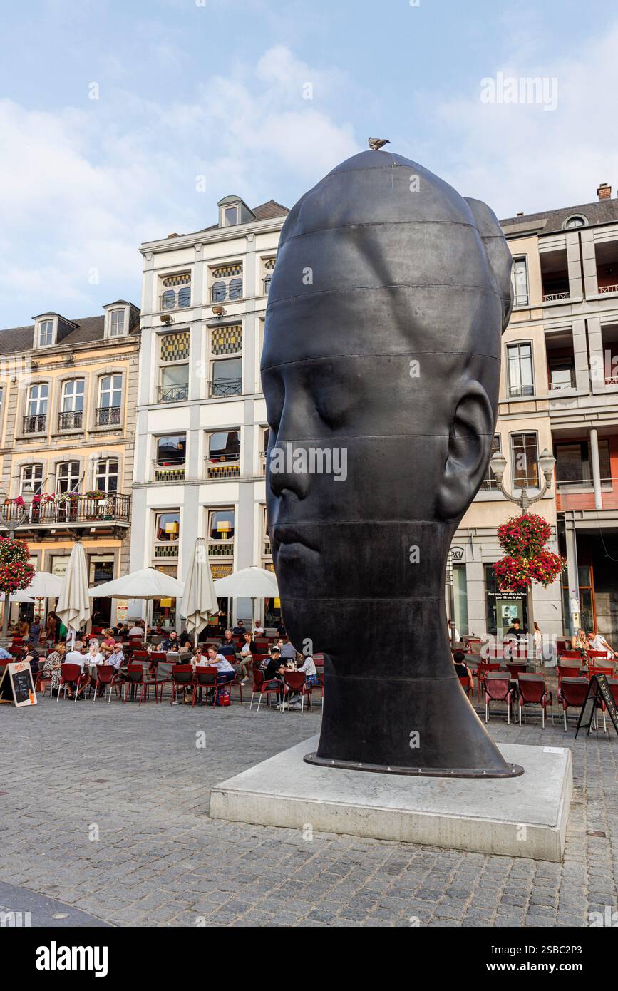 Artwork large head by Jaume Plensa in town square, Mons, Belgium Stock ...