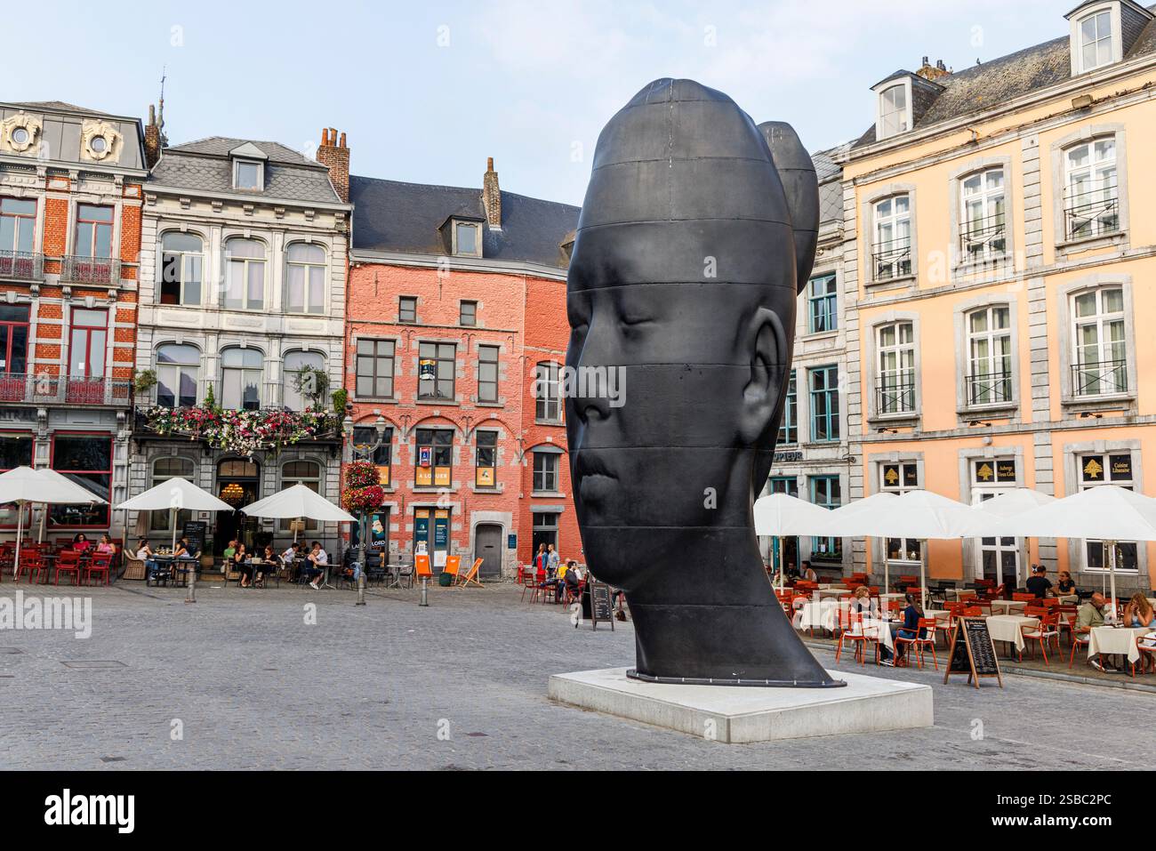 Artwork large head by Jaume Plensa in town square, Mons, Belgium Stock ...