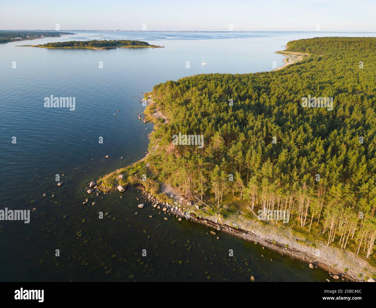 Aegna, Estonia: Drone view of the island in the Gulf of Finland under ...