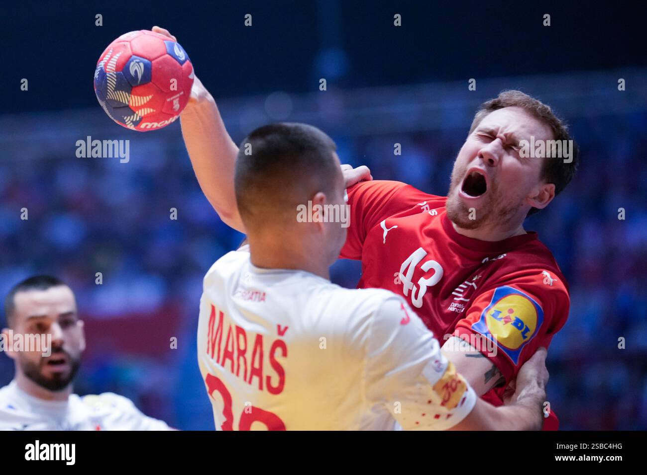 Croatia's Mateo Maras holds Denmark's Simon Bogetoft Pytlick during the ...