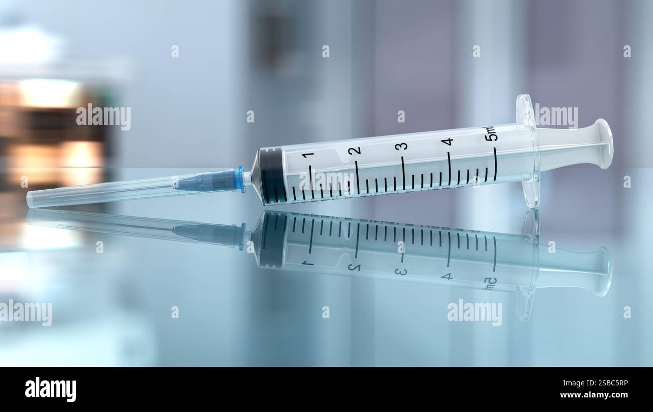 Realistic medical disposable syringe with needle on the glass in front ...