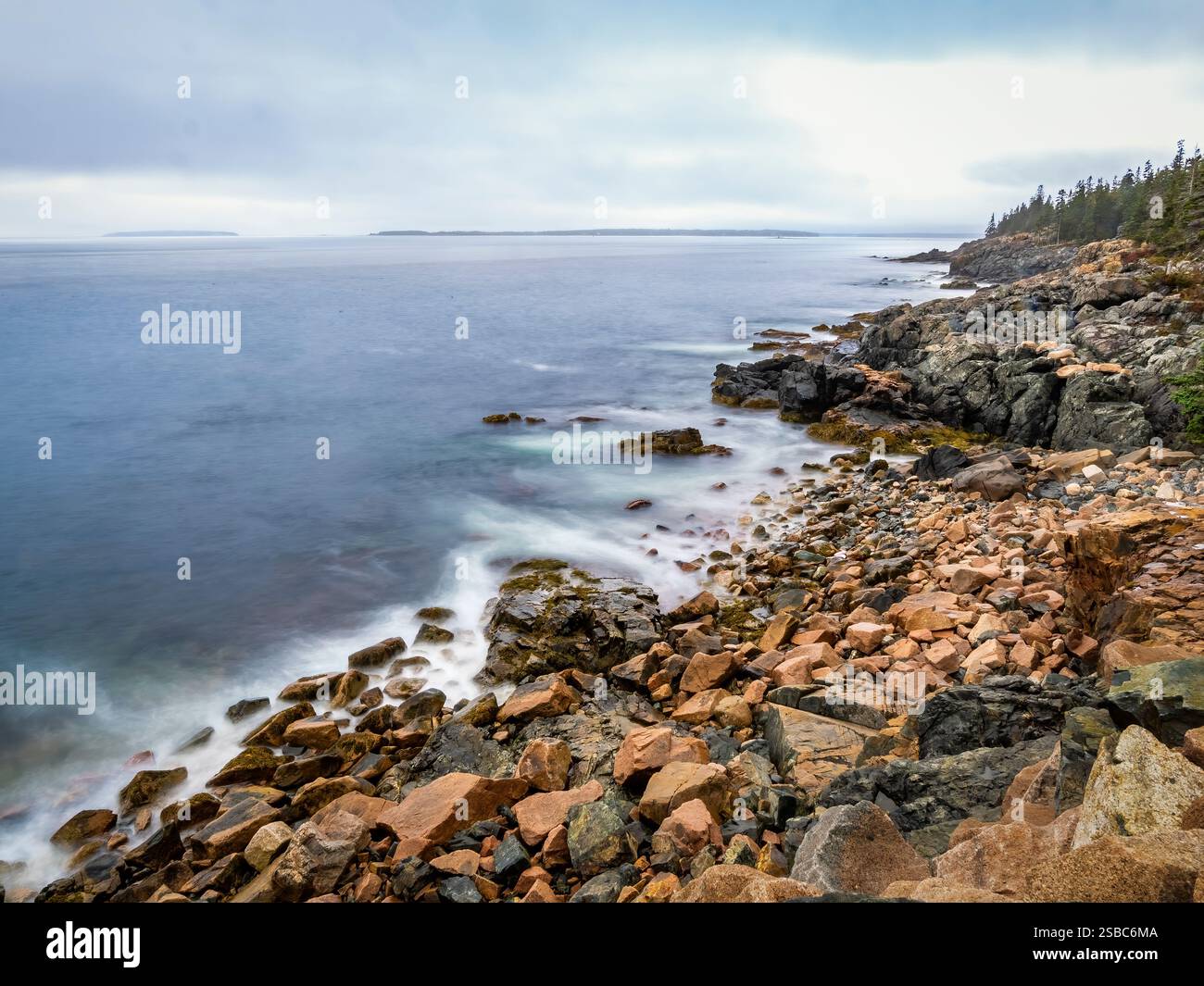 Rugged rocky Atlantic Ocean coast on the Park Loop Road on Mount Desert ...