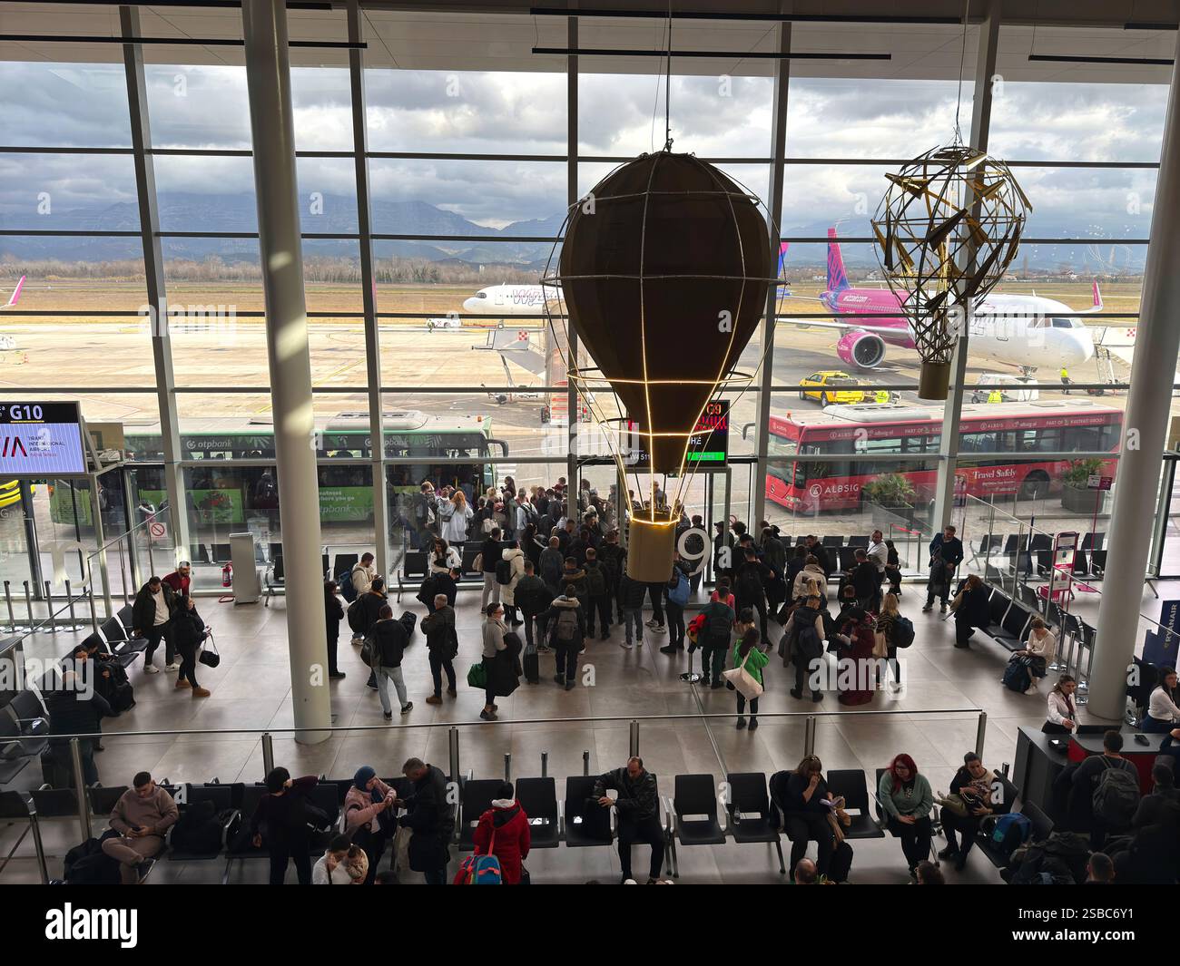 Departure lounge aircraft boarding area inside Tirana International ...
