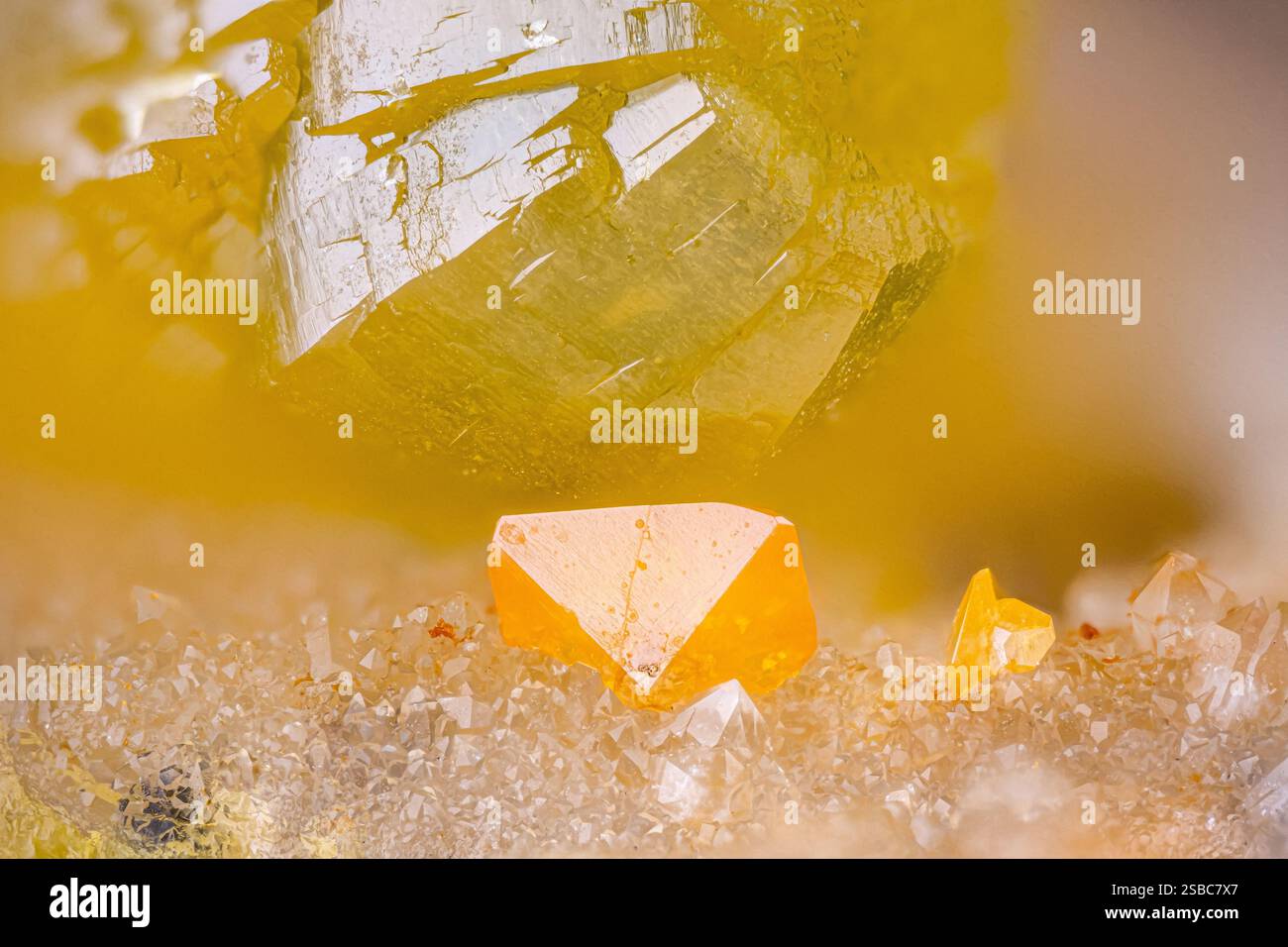 Orange Stolzite on quartz with yellow mimetite. Specimen from Clara ...