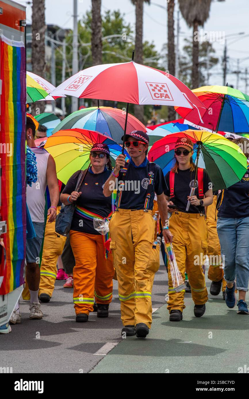 Firefighters from the Country Fire Authority march at the 2025 Pride ...