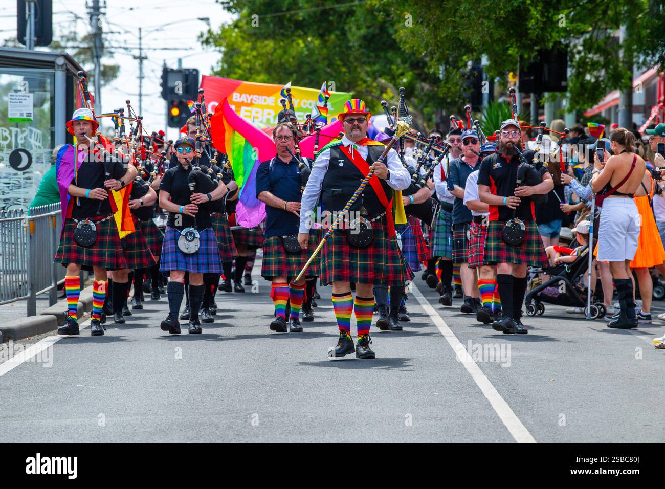 Melbourne, Australia. 02nd Feb, 2025. A Pride Pipes Band marches down ...
