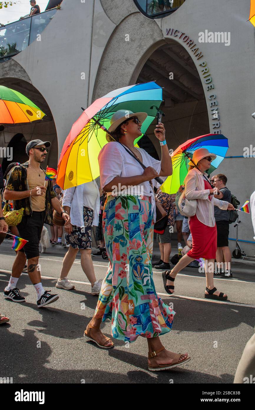LGBTQ+ community and allies carrying rainbow umbrellas march past the ...