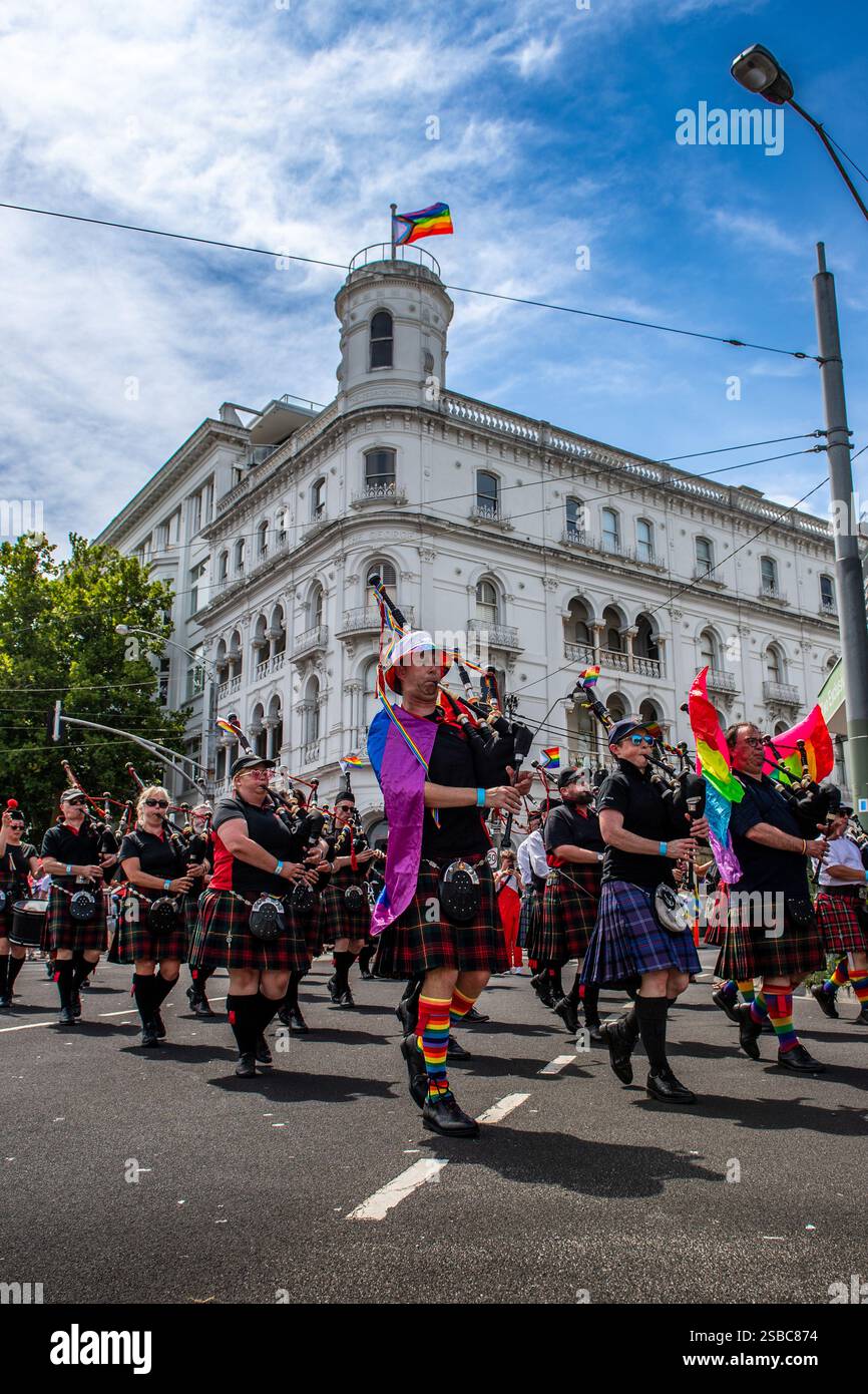 Melbourne, Australia. 02nd Feb, 2025. A vibrant bagpipe band dressed in ...