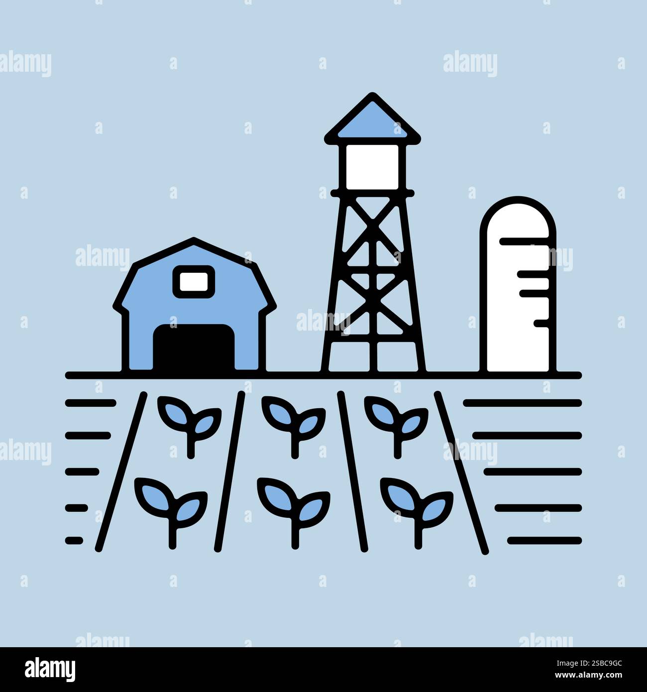 Farm landscape with barn, windpump, seedling and water tower vector ...