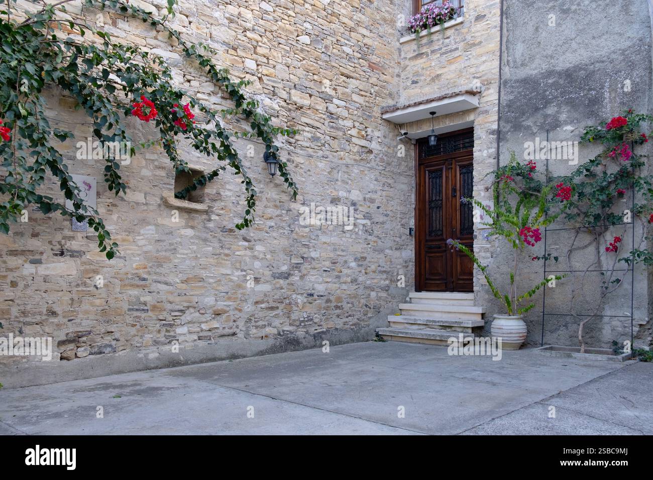 Climbing bougainvillea decorates the stone wall of a traditional house ...