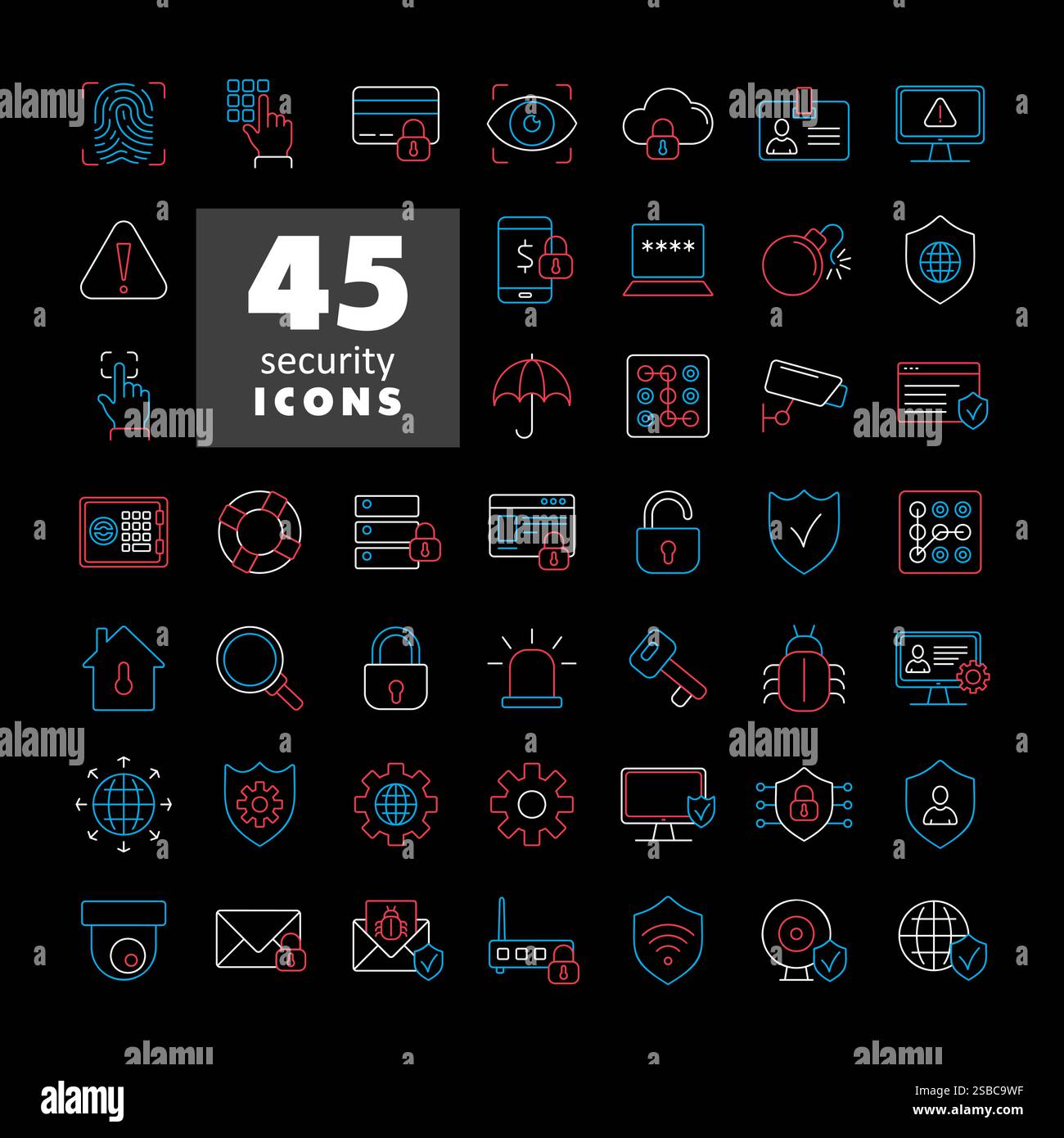 Security vector on dark background icon set. Cyber lock, password ...