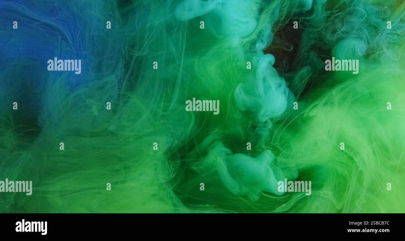 Paint cloud. Color smoke. Defocused green blue underwater vapor splash ...