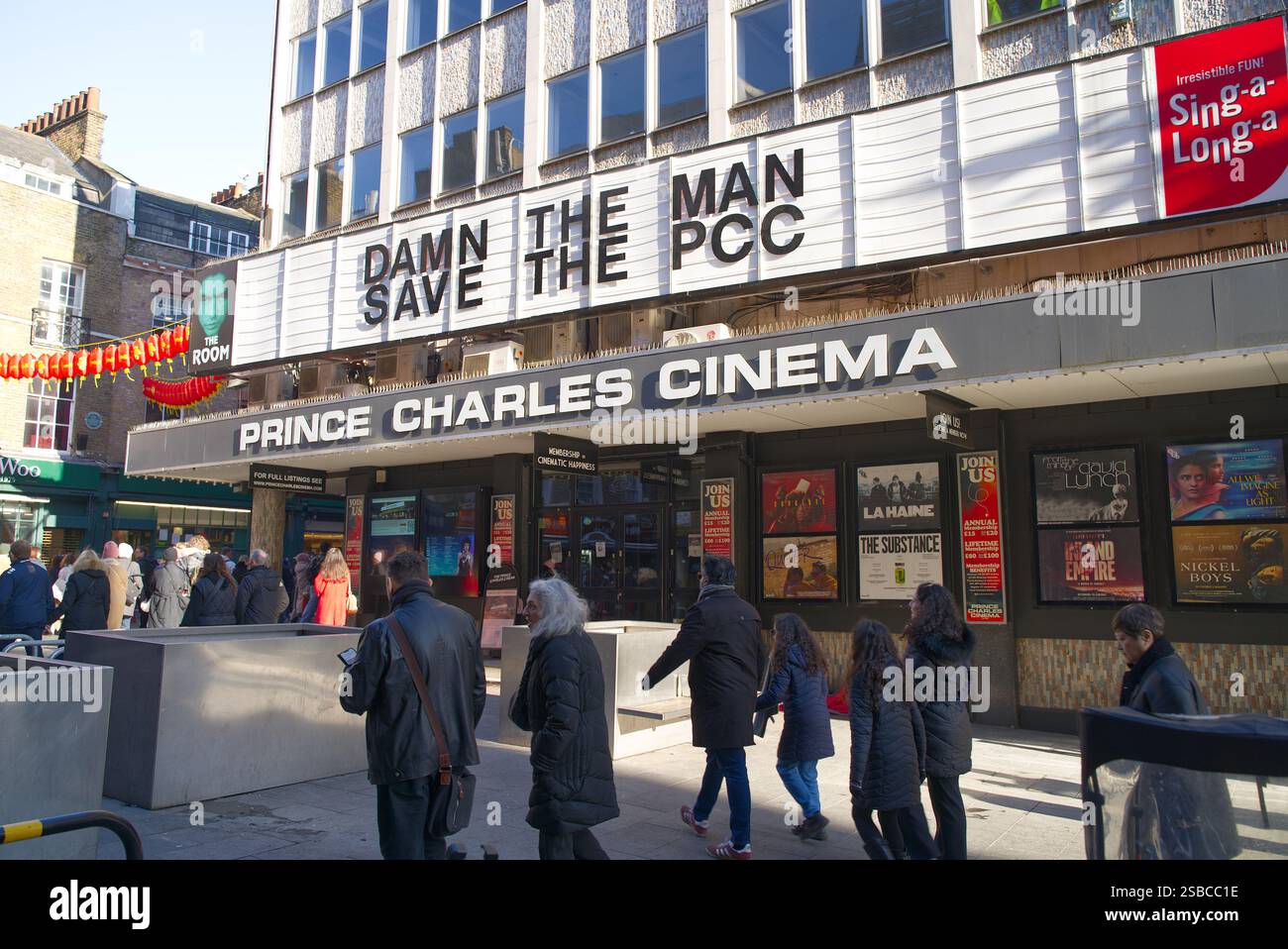 Save the cinema sign on the Prince Charles Cinema in Leicester Square ...