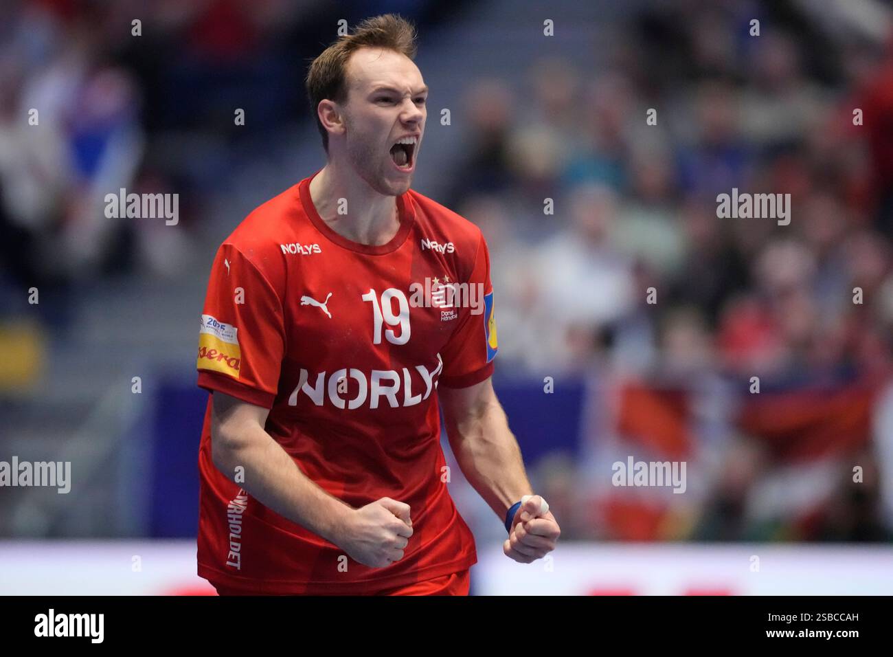 Denmark's Mathias Gidsel reacts during the final match between Denmark ...