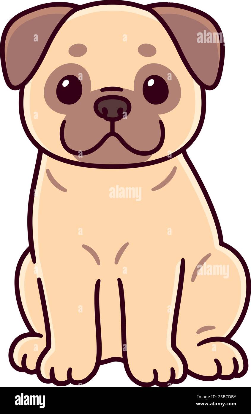 Cute cartoon pug sitting. Simple drawing, vector clip art illustration ...