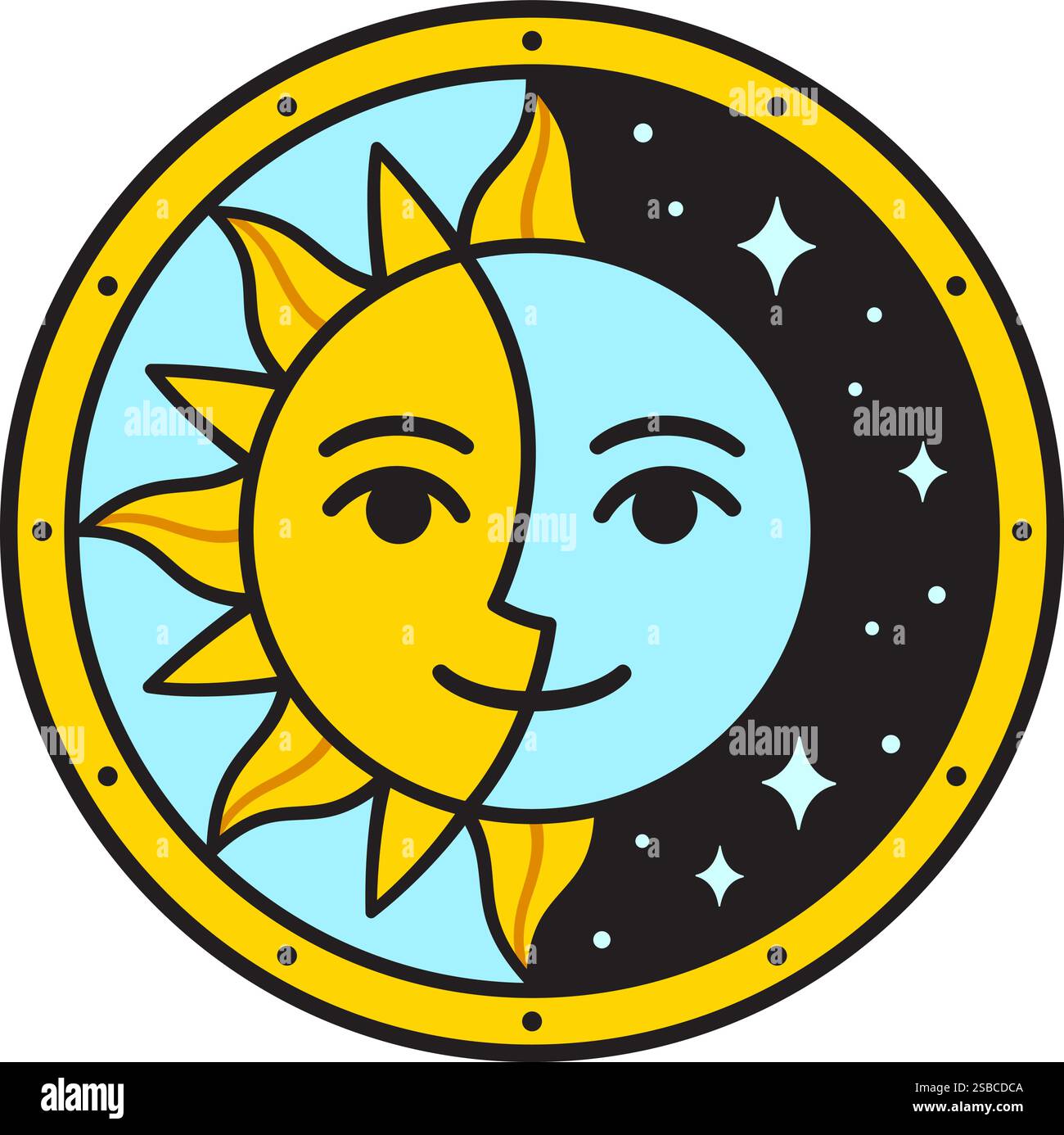 Stylized half sun half moon face drawing in circle. Day and night, balance and unity. Cute ...