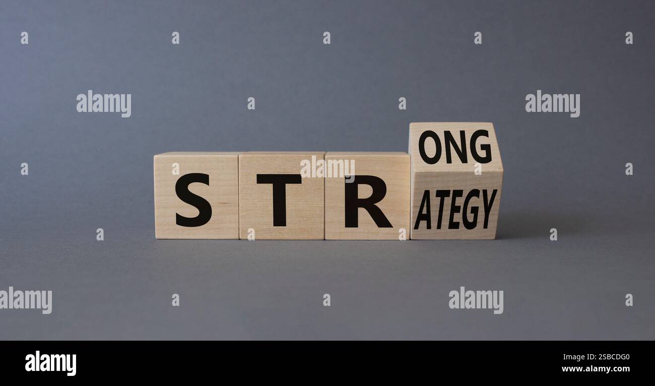 Strong Strategy symbol. Turned wooden cubes with words Strong Strategy ...