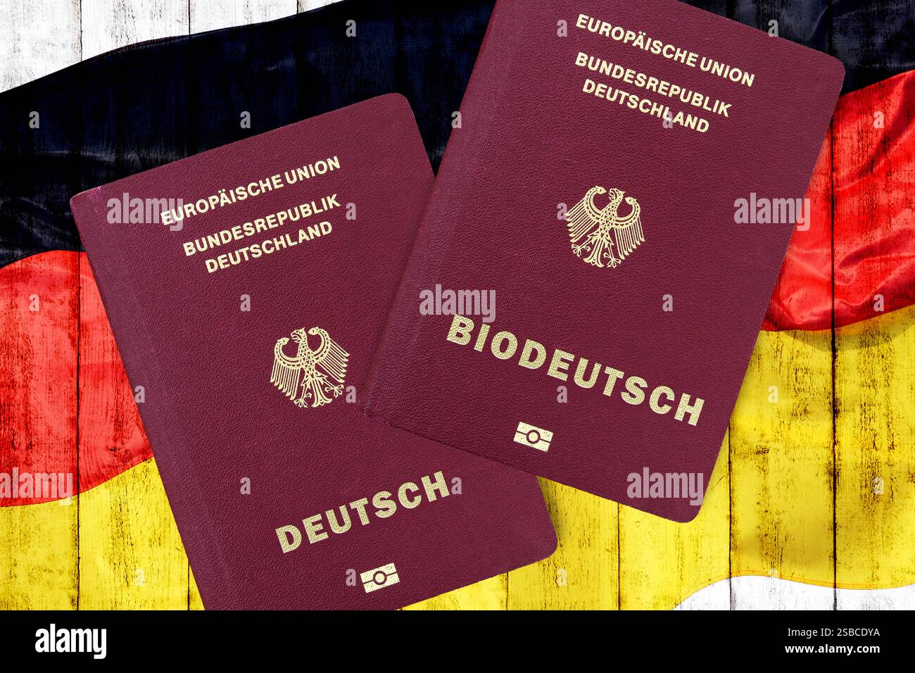 FOTOMONTAGE, Zwei deutsche Pässe mit Aufschrift deutsch und biodeutsch ...