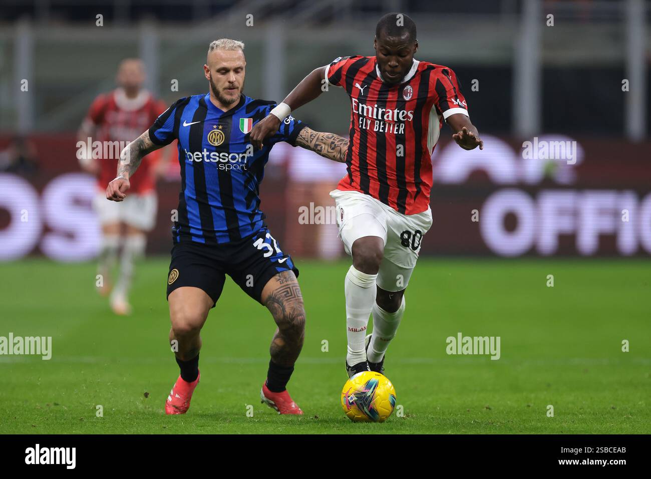 Milan, Italy, 2nd February 2025. Yunus Musah of AC Milan takes on ...
