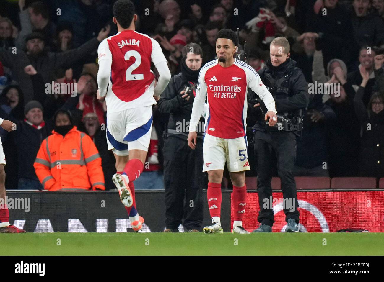 Arsenal's Ethan Nwaneri, right, celebrates scoring his side's 5th goal ...