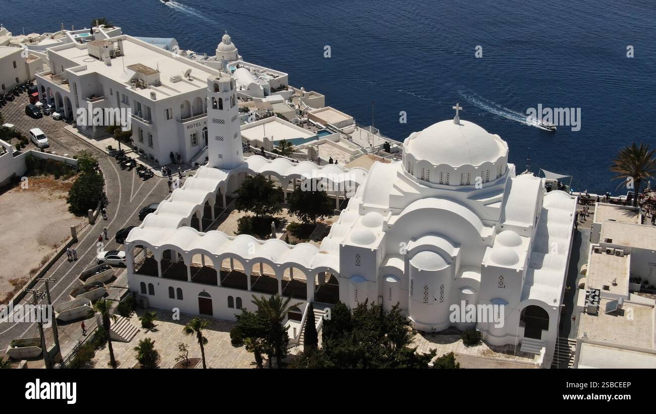 Santorini island,aerial view of Ipapantis church at Fira capital,Aegean ...